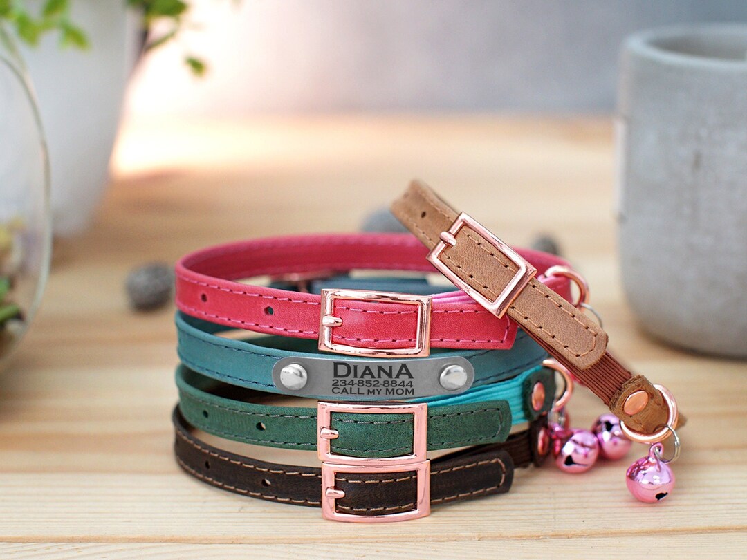 Leather Cat Collar With Name ID Tag, Personalized Cat Collar With ...