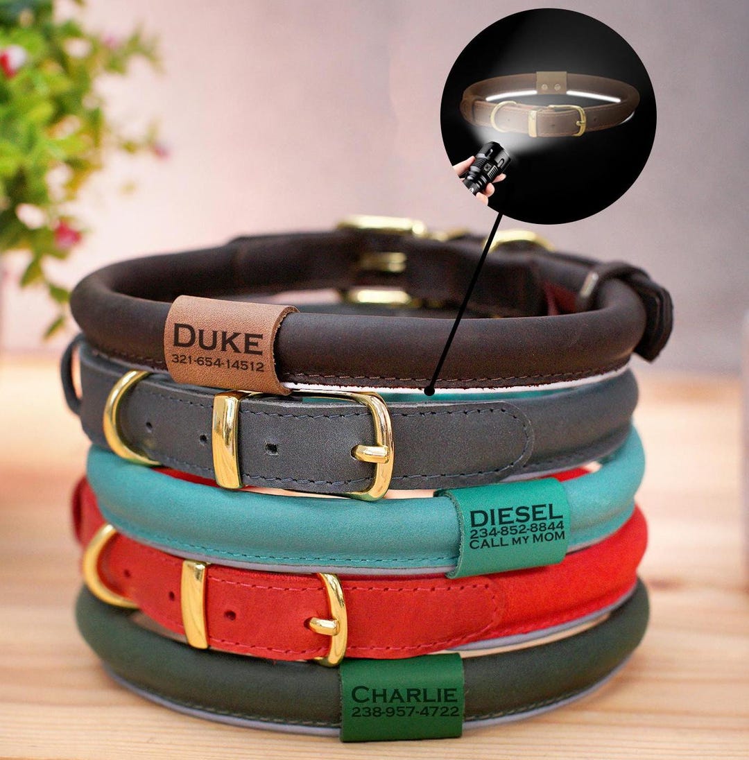 Personalized Leather Dog Collars With Reflective Tape, Custom Rope Dog ...