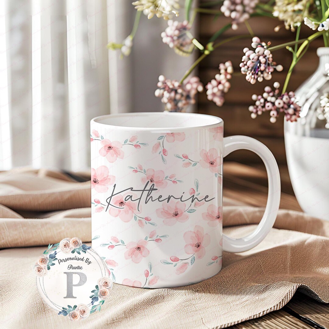 Personalised Flowered Mug, Water Colour Flowers, Custom Mug, Floral Mug ...