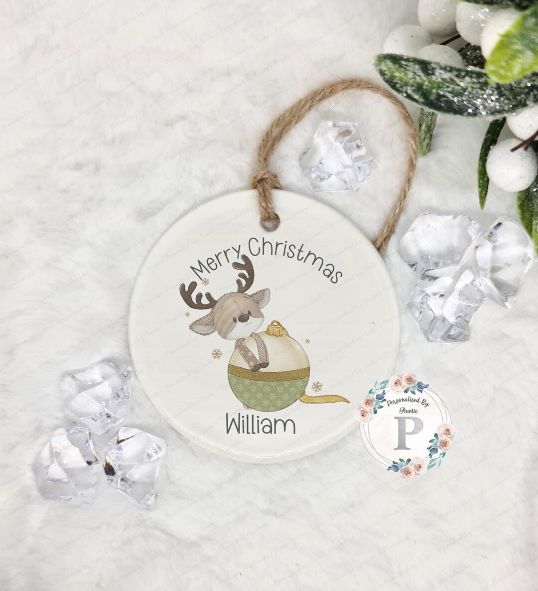 Personalized Reindeer Ceramic Christmas Ornament: Keepsake Bauble - Etsy