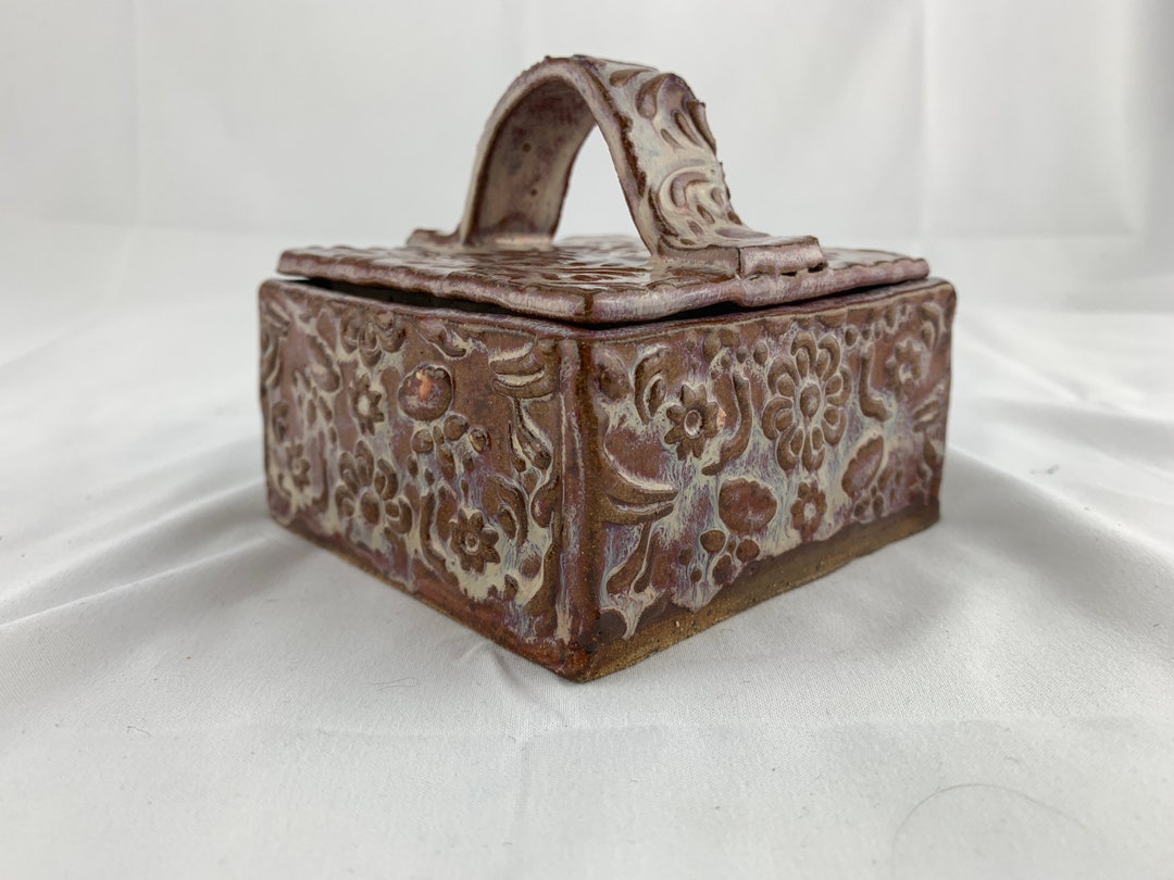 Square Box With Lid, Floral Imprints, Coral Pink, Honey, Cream and ...