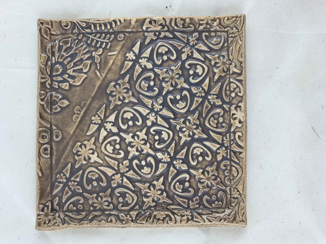 Small Square Plate, Art Deco and Floral Imprints, Lavender and Cream ...