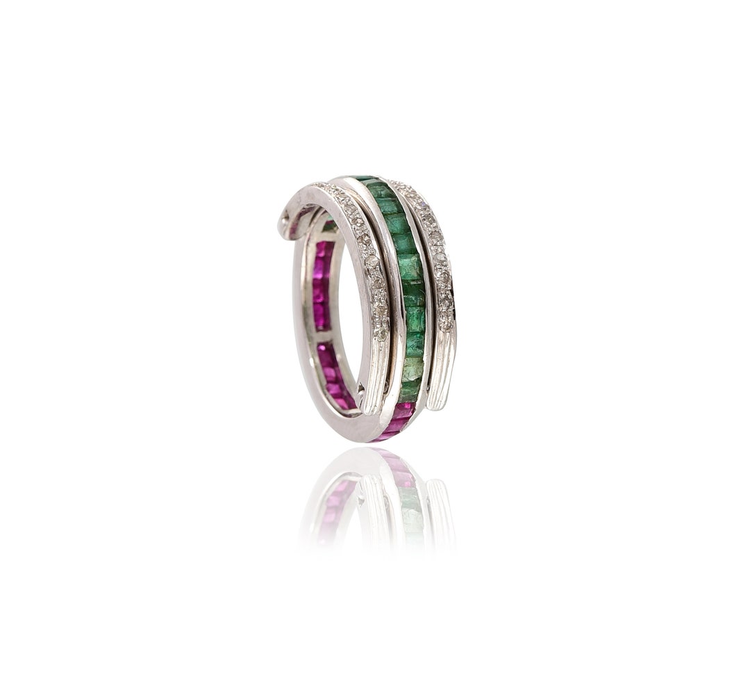Ruby Emerald Diamond Flip Ring: 925 Sterling Silver Multi-stone Band - Etsy