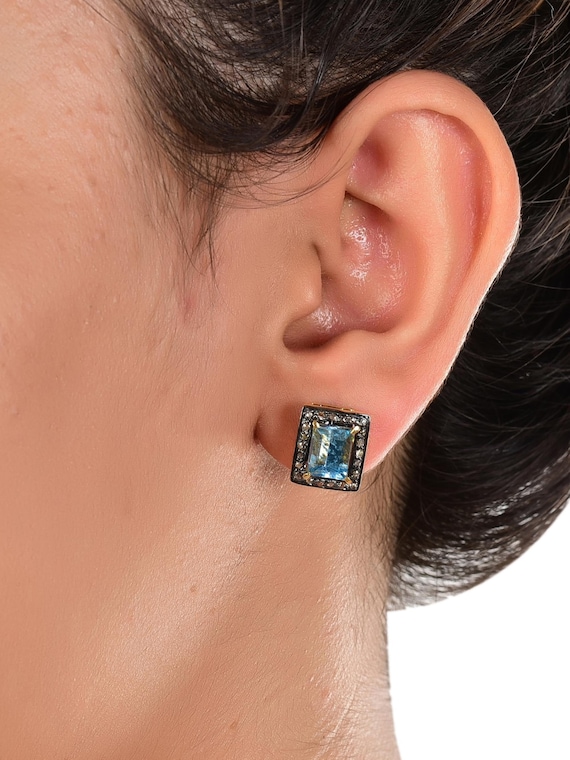 Natural Genuine Swiss Blue Topaz Square and Oval Cut Diamond Studded Silver Victorian Stud Earrings Blue Topaz Screw Back Studs for Women Etsy