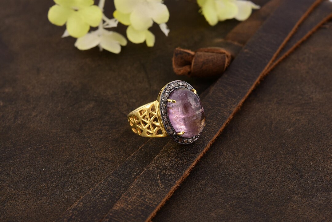 Siberite Tourmaline Ring: Diamond Studded Sterling Silver Victorian ...