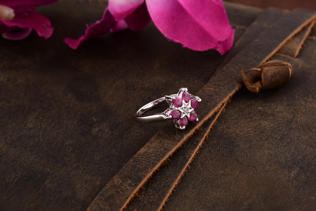 Ruby Flower Ring: Natural Ceylon Ruby & Diamond, Sterling Silver - Etsy