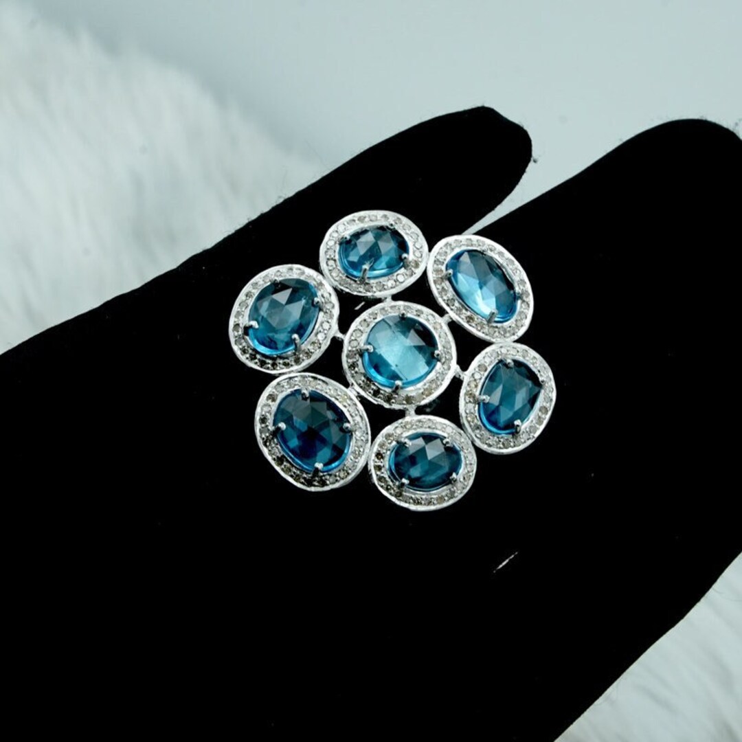 Natural Blue Topaz and Real Diamond Silver Cocktail Ring | Blue Topaz ...