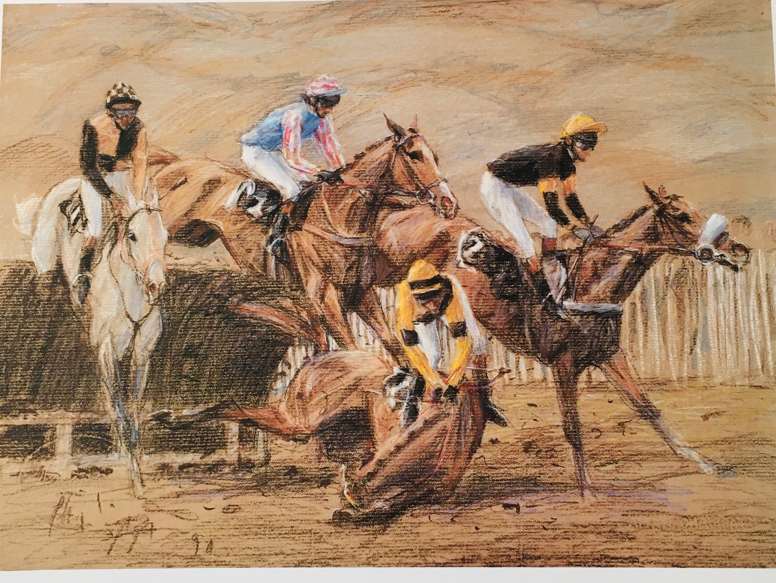 Klaus Philipp Original Vintage Equestrian Print 1993. A Faller Over the Fences. Colourful Horse ...