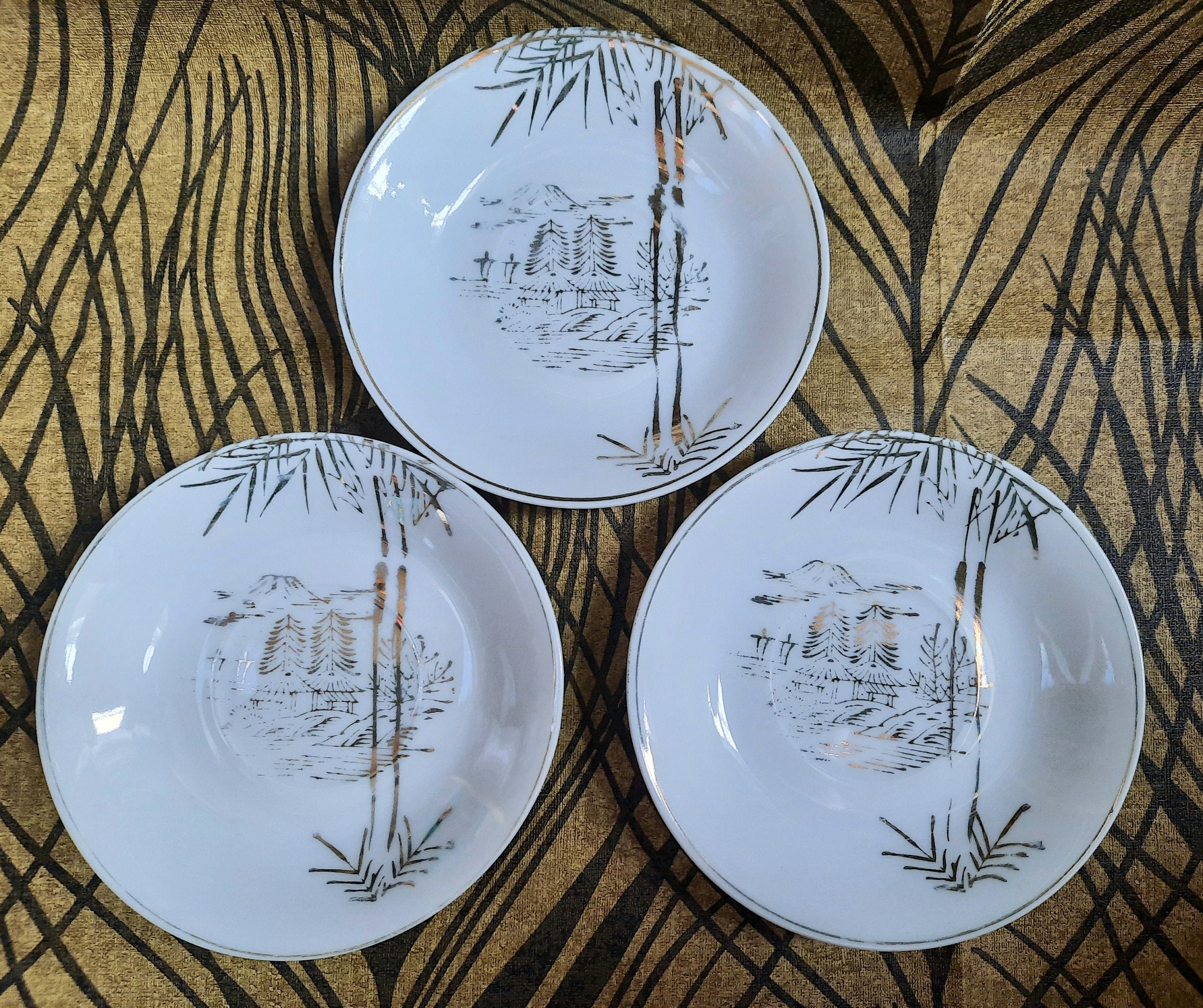 Three EIHO Japanese Saucers, White and Gold, Mountain Scenery, Huts and ...