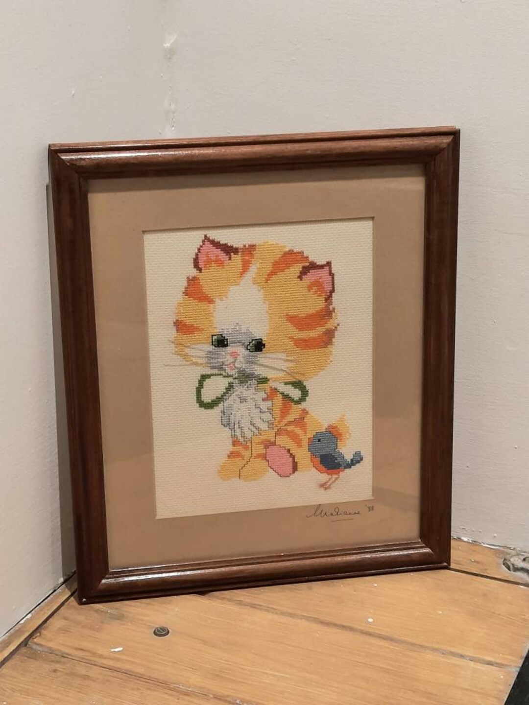 Framed Embroidered Ginger Cat With Bluebird, 1980s, Kitsch - Etsy