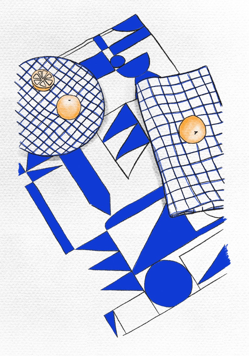 Blue Low Picnic Art Print Picnic Blanket Drawing Boho Picnic Scene ...