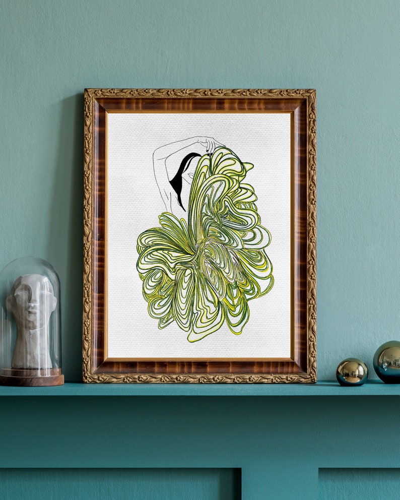 Green Fairy Line Drawing: Fashion Print, Fairycore Decor (digital ...