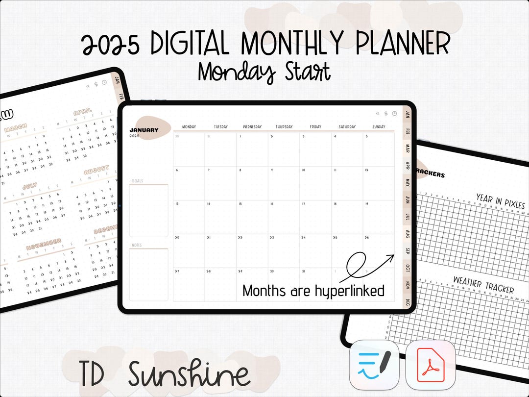 2025 Neutral Monthly Planner: Monday Start, Hyperlinked Tabs (PDF) - Etsy