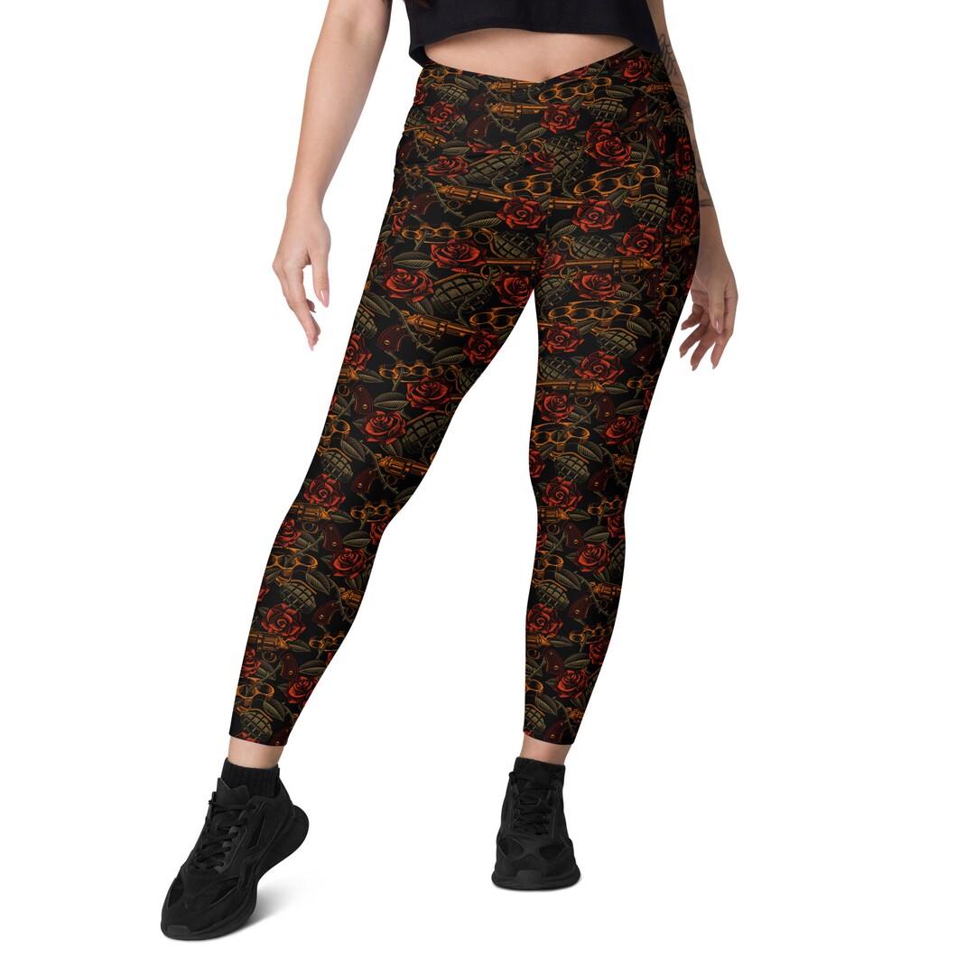 Gangster Roses Tattoo Pattern Crossover V-waist Leggings With Pockets, 2XS 6XL - Etsy