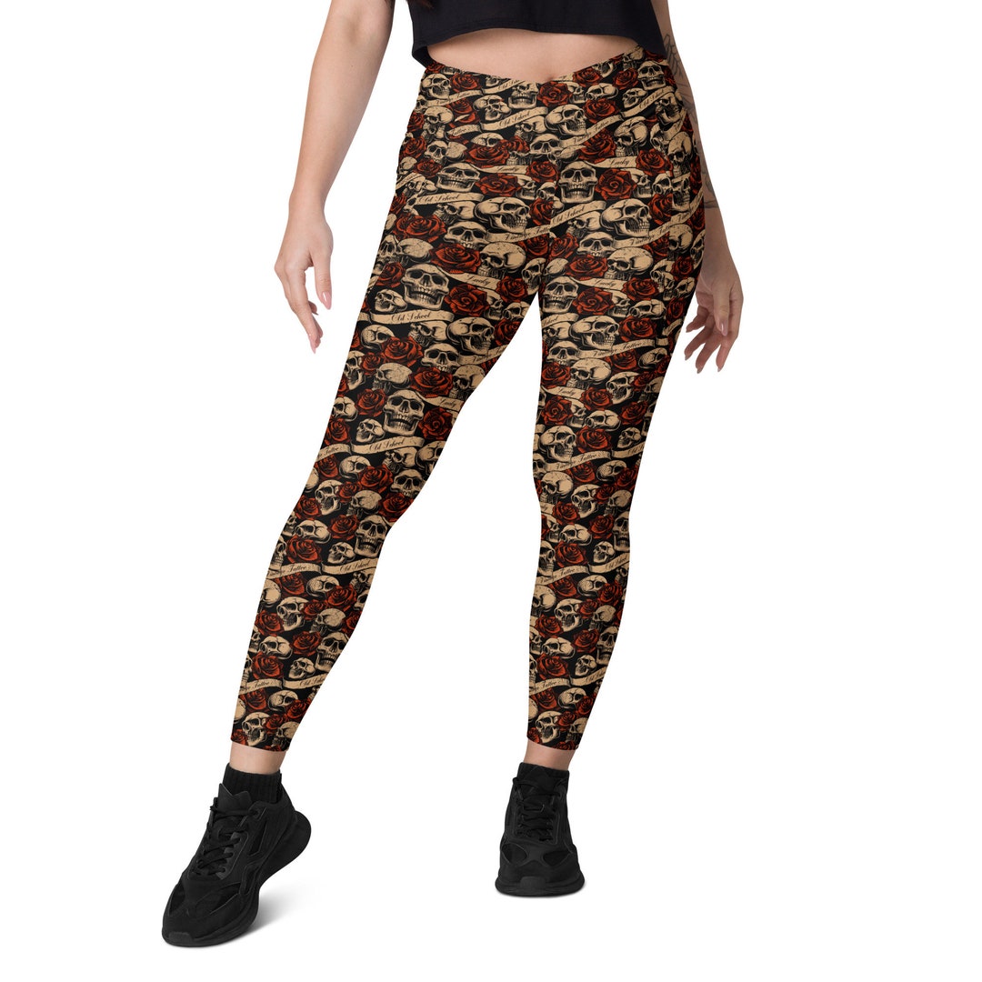 Old School Skulls & Roses Pattern Crossover V-waist Leggings With ...