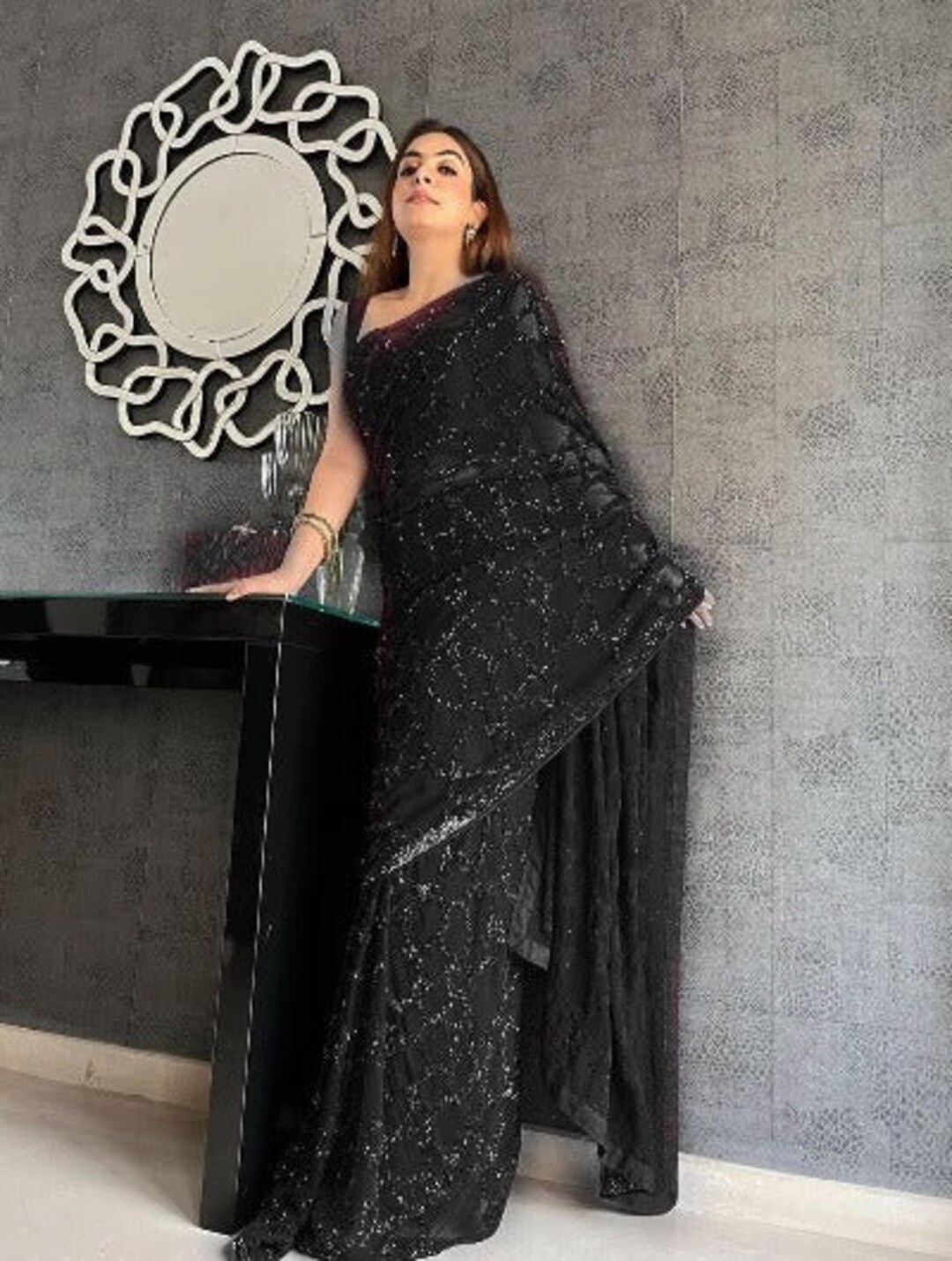 Black Partywear Sequin Rangoli Silk Saree - Etsy