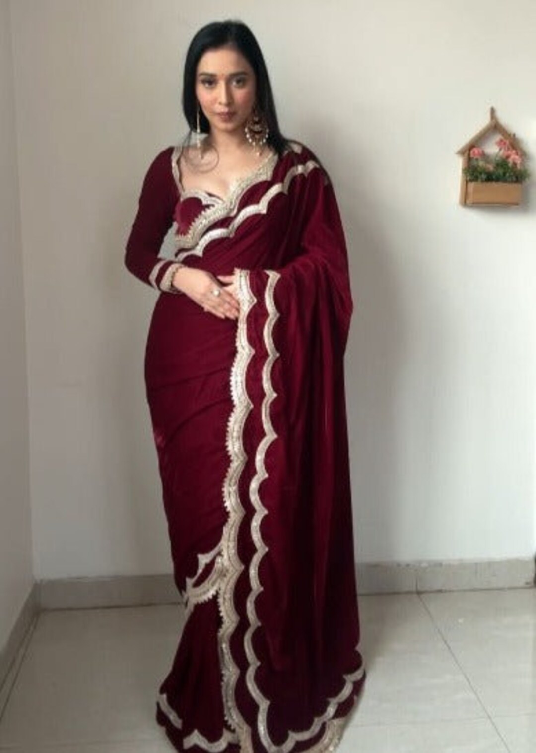 Ready to Wear Saree Maroon Velvet Stitched Saree - Etsy