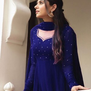 Royal Blue Georgette Long Anarkali Dupatta Set - Etsy