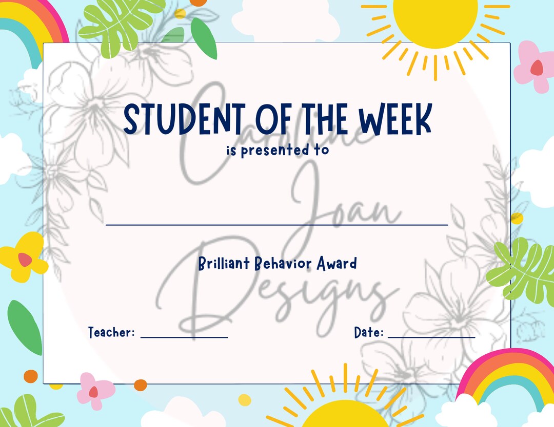 Student of the Week - Brilliant Behavior Award Certificate | DIGITAL ...