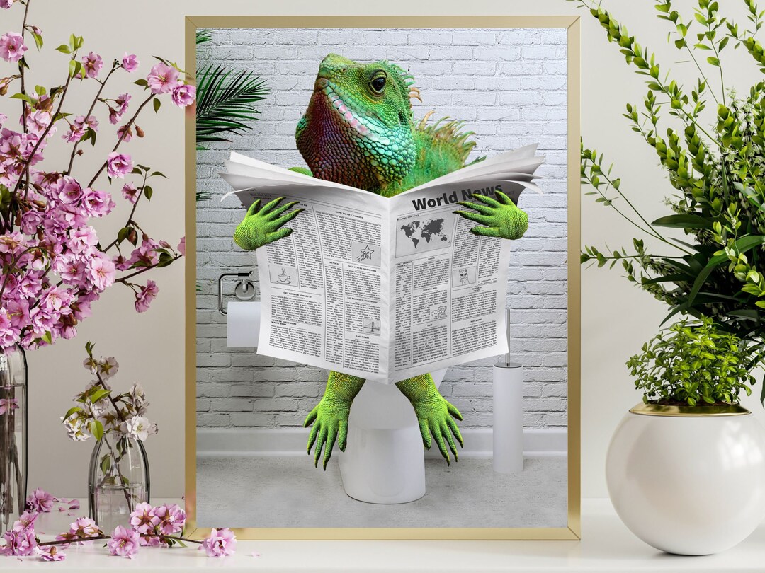 Iguana on Toilet Reading Newspaper, Funny Bathroom Printable, Bathroom ...