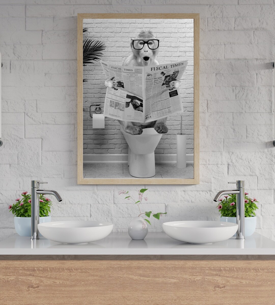 Monkey on Toilet Reading Newspaper Funny Bathroom Printable - Etsy