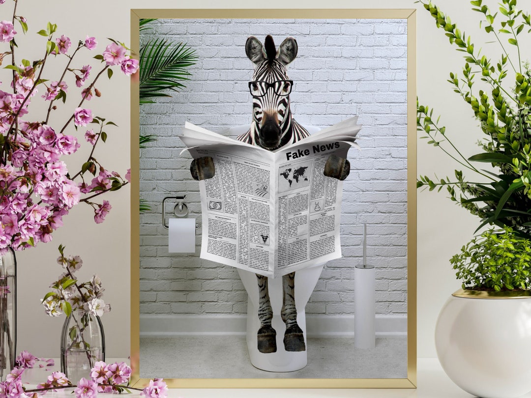 Zebra on Toilet Reading Newspaper, Funny Bathroom Art, Bathroom Humour ...