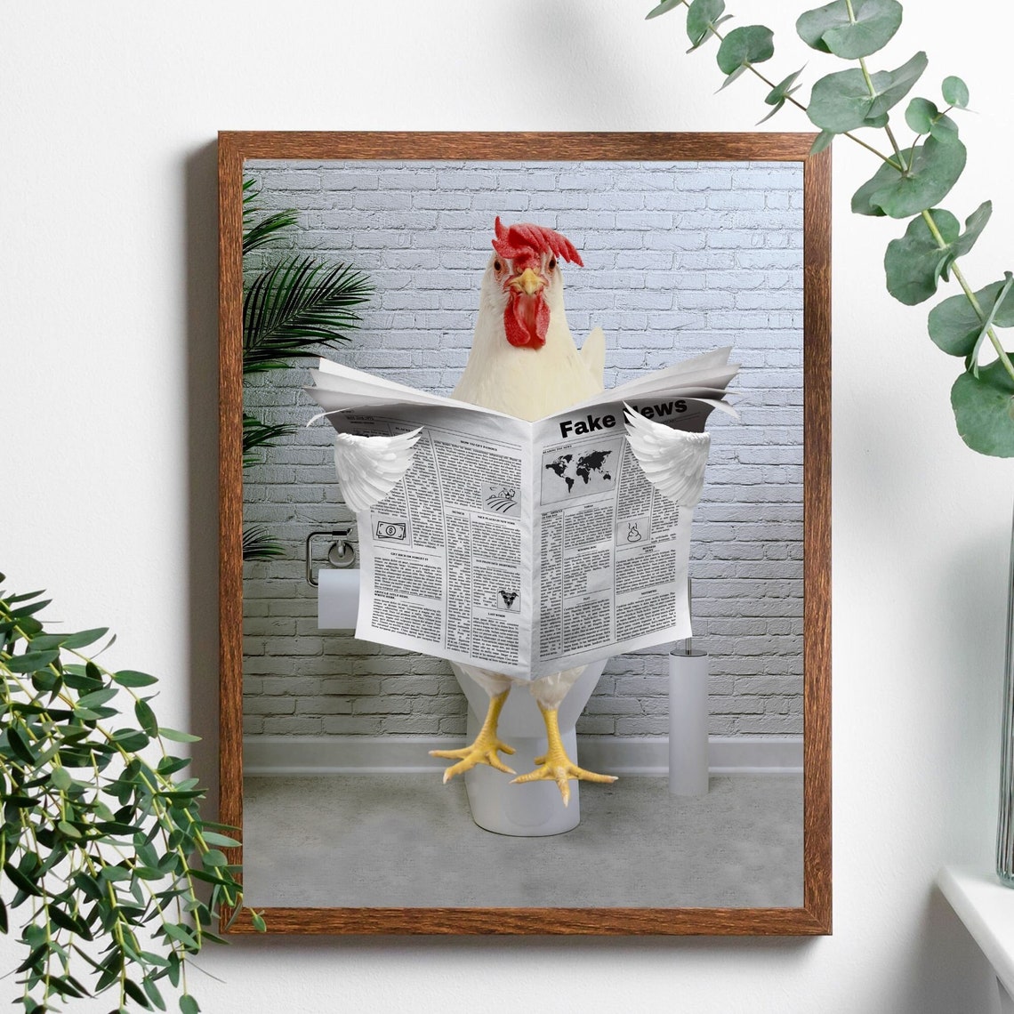 Chicken on Toilet Reading Newspaper, Bathroom Art, Bathroom Humour ...