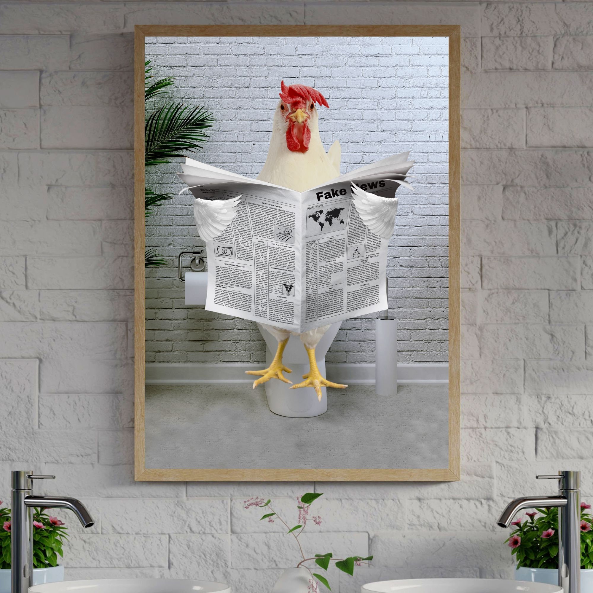 Chicken on Toilet Reading Newspaper, Bathroom Art, Bathroom Humour ...