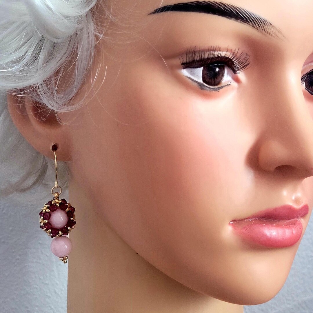 Pink and Fuschia CRYSTAL Beaded Dangling Earrings Handmade Weaving ...
