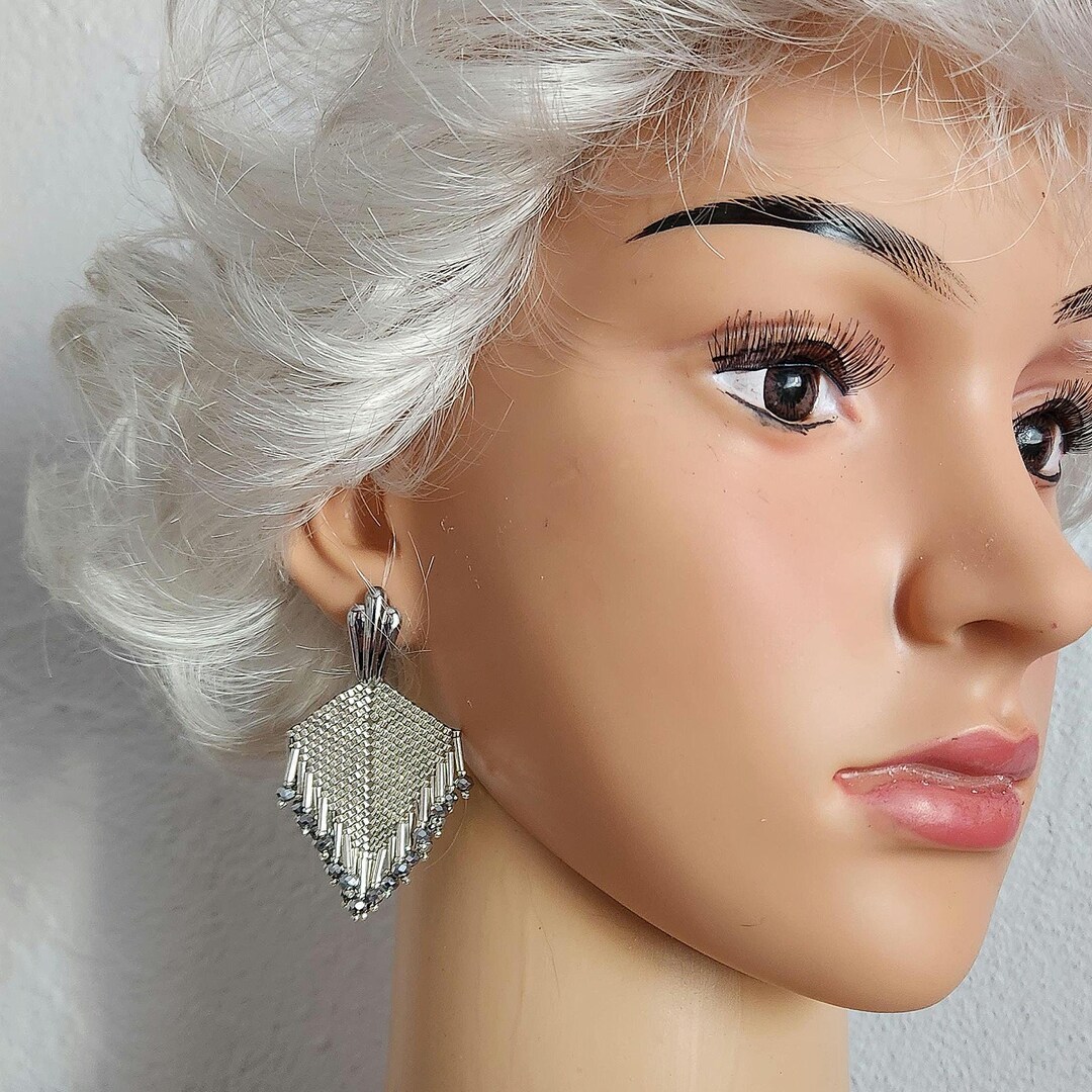 Silver-tone Triangle Drop Earrings With Fringe, Handmade With Seed ...