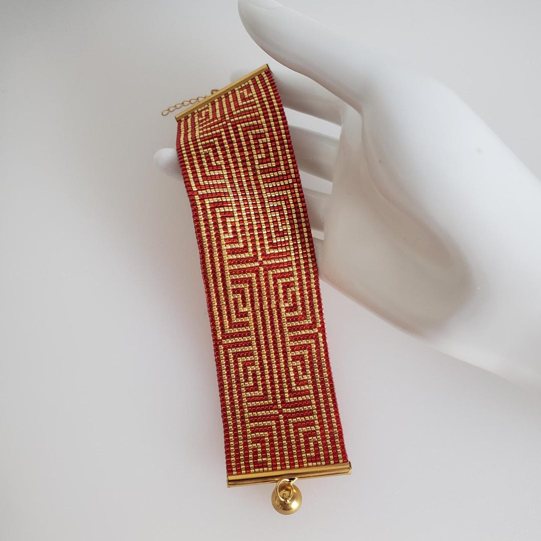 LABYRINTH Red Gold Beaded Bracelet for Women and Men Handmade Weaving ...