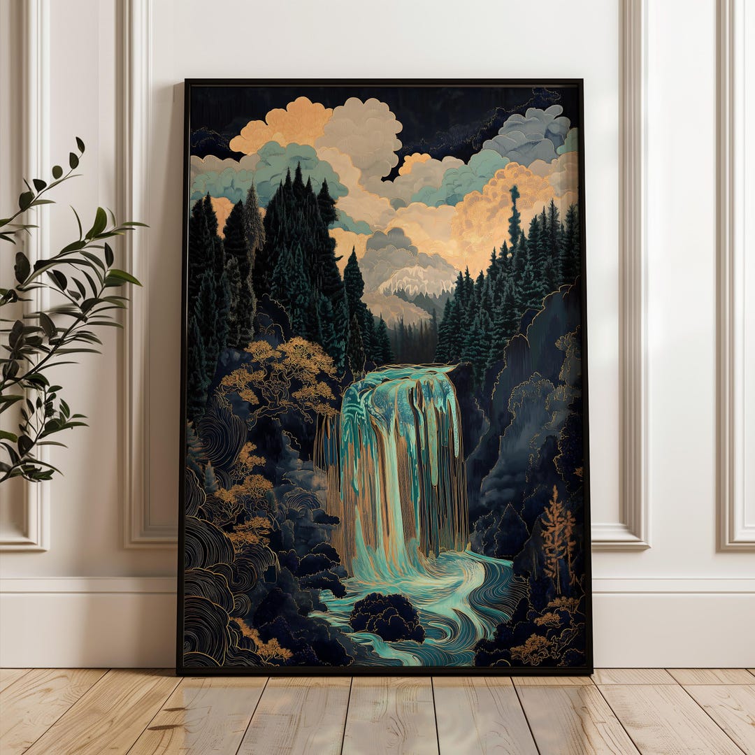 Waterfall Wall Art Print: Japanese Blue and Gold - Hokusai Style - Etsy