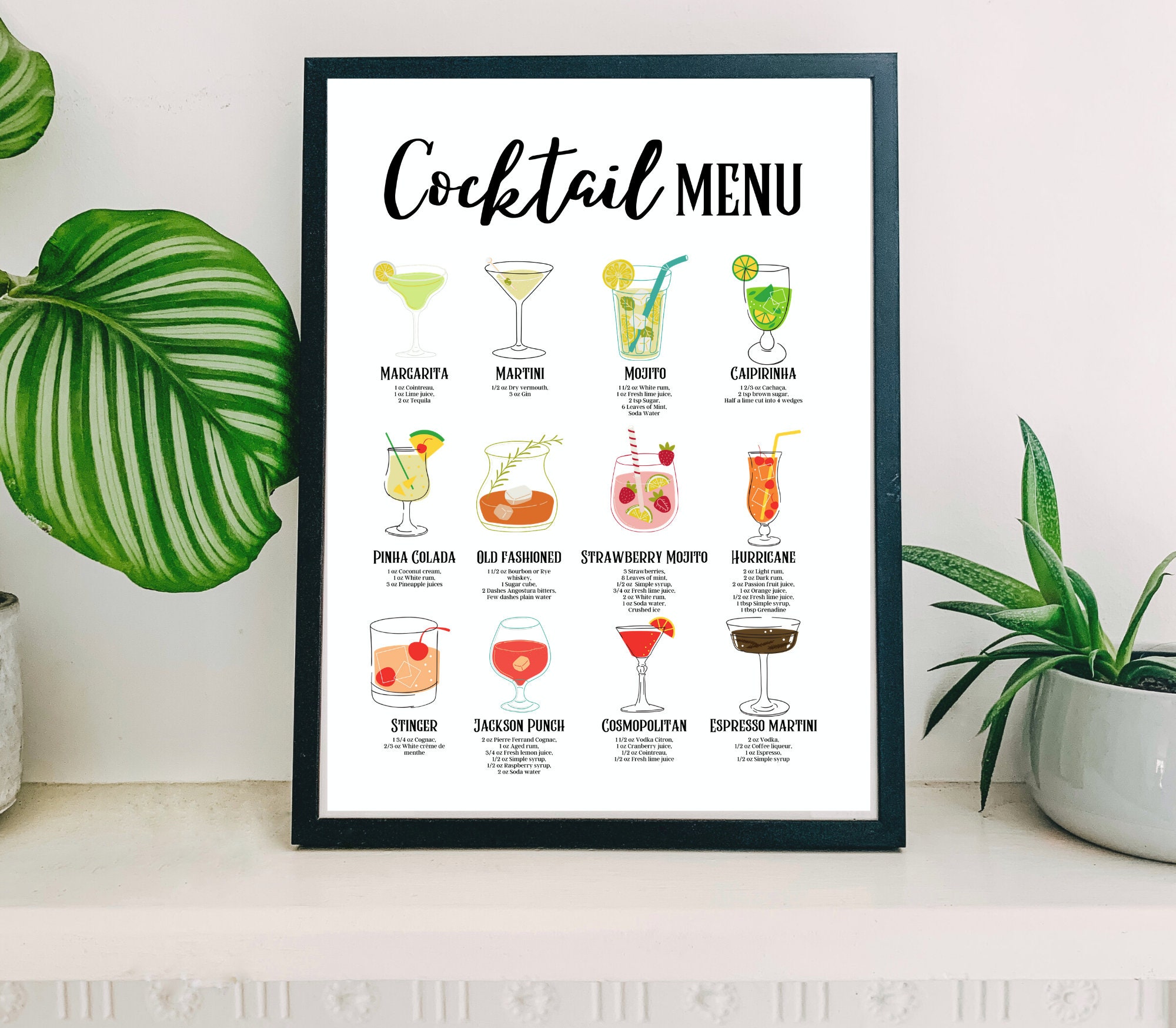 Framed A4 Cocktail Menu Wall Art Kitchen Decor Kitchen Wall Etsy