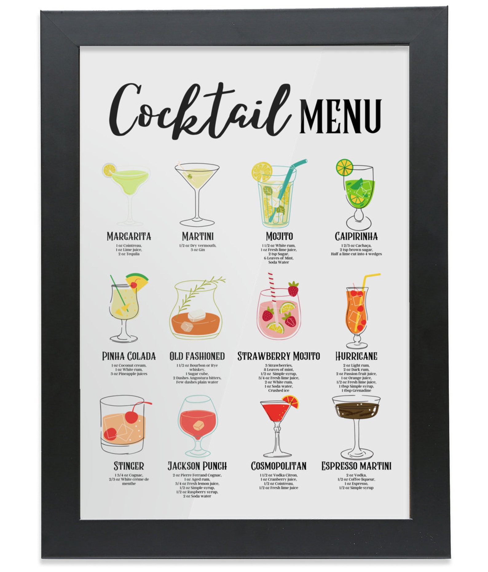 Framed A4 Cocktail Menu Wall Art Kitchen Decor Kitchen Wall - Etsy