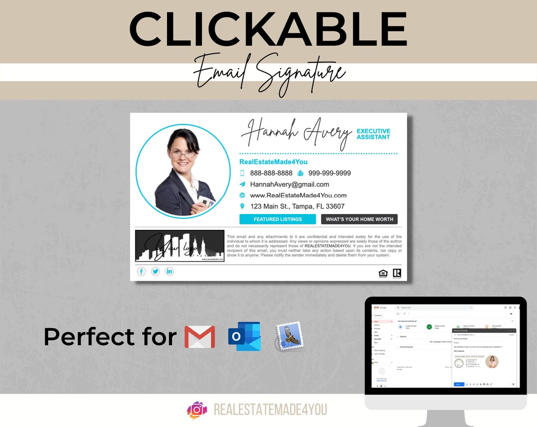 Clickable Email Signature V3, Custom Gmail Signature, Real Estate ...