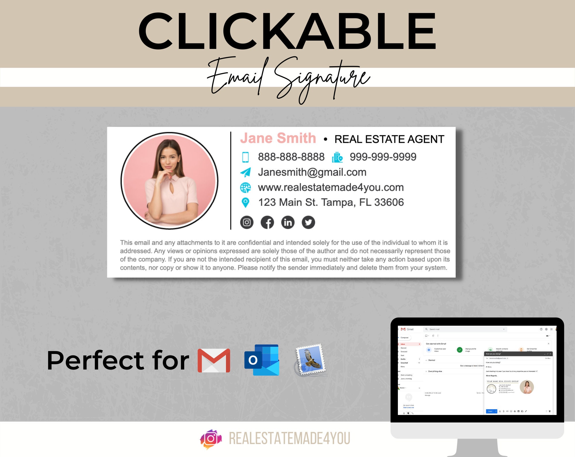 Clickable Email Signature, Custom Gmail Signature, Real Estate ...