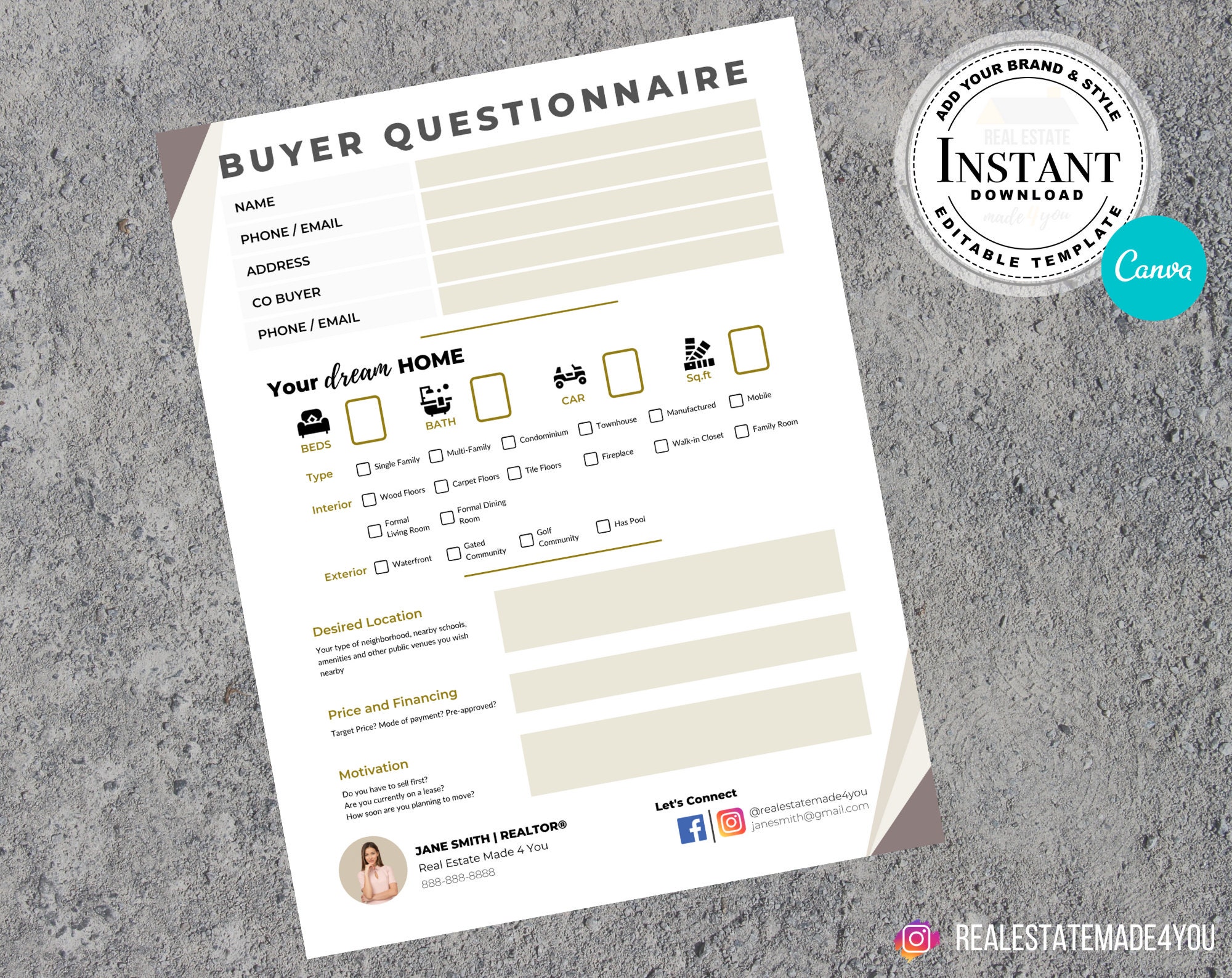 Real Estate Buyer Questionnaire, Ready to Print, Real Estate Marketing ...