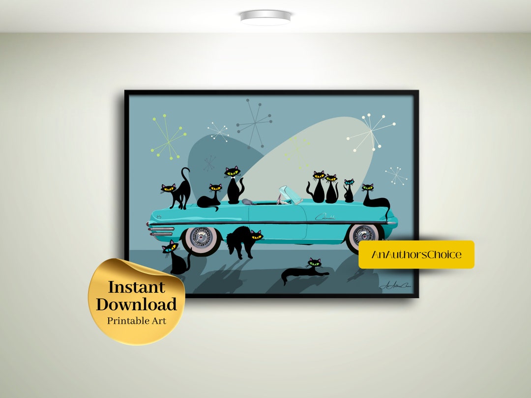 Catmobile Art Print, Mid Century Modern Black Cats, Classic Car ...