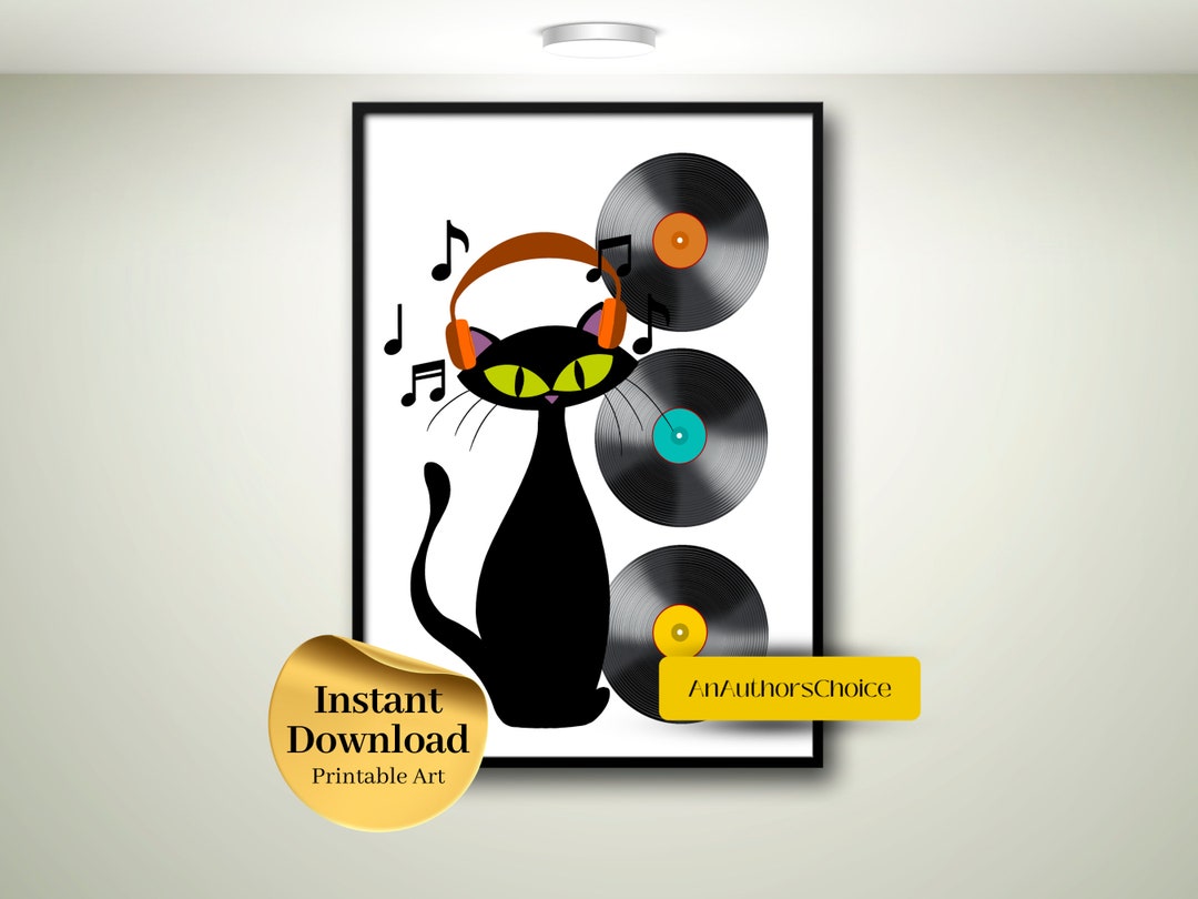 Cat Listening to Records Digital Download, MCM, Cat Lover, Vintage Cat ...