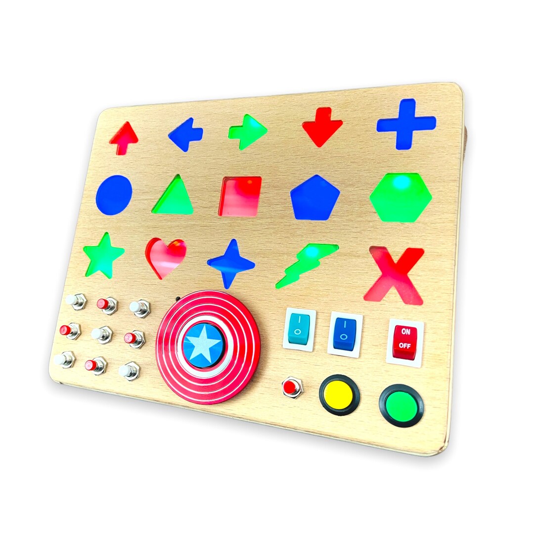Handmade Montessori Busy Board With Lights & Captain America Spinner - Etsy