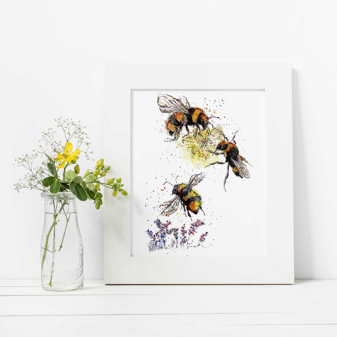 A4 PRINT busy Bees Bumble Bee and Flower Watercolour Print, Bee Wall ...