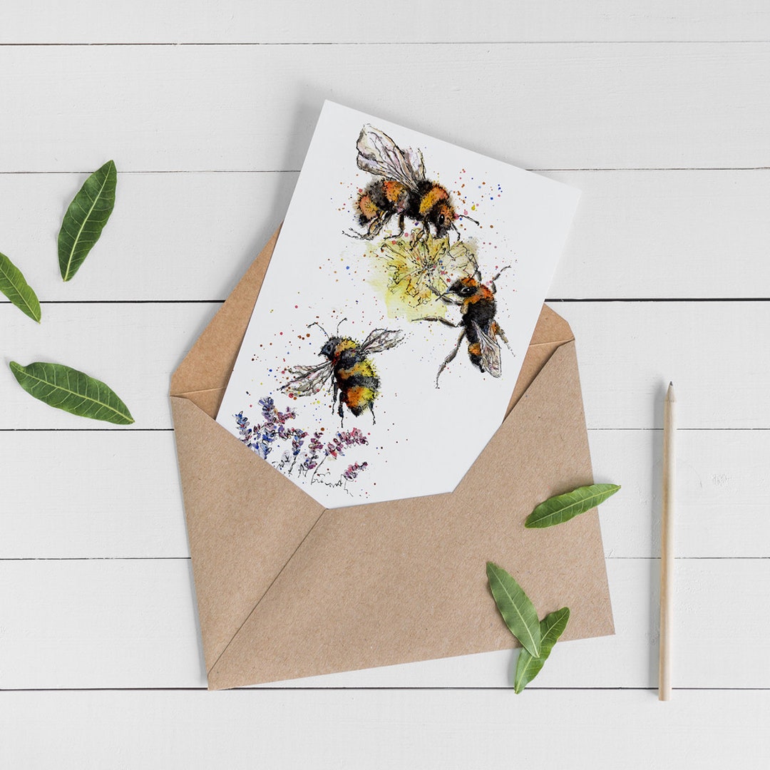 Busy Bees Bee Watercolour Greeting Card, Handmade, Watercolour and Ink ...