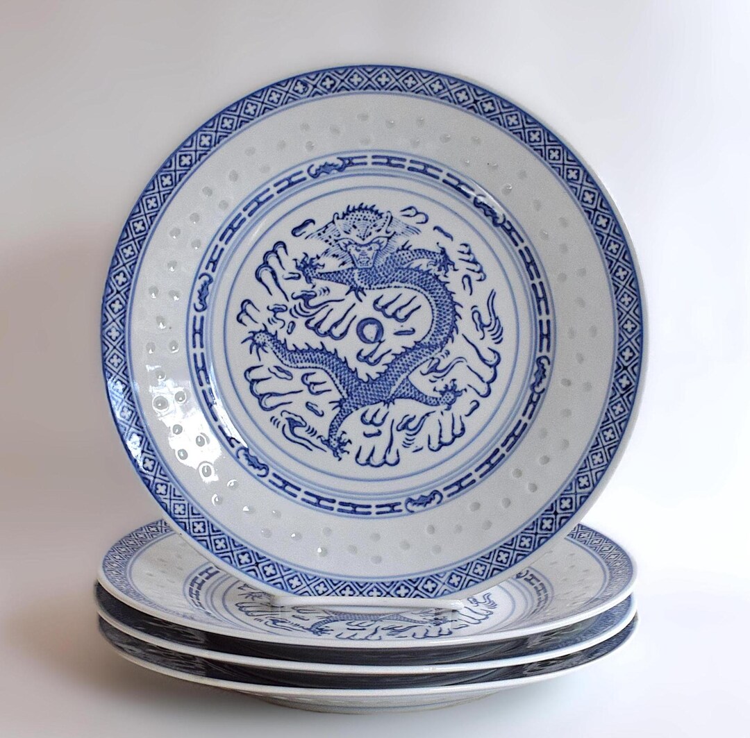 Vintage Chinese Ling Long (rice Pattern) Dinner Plates With Dragon, 10 ...