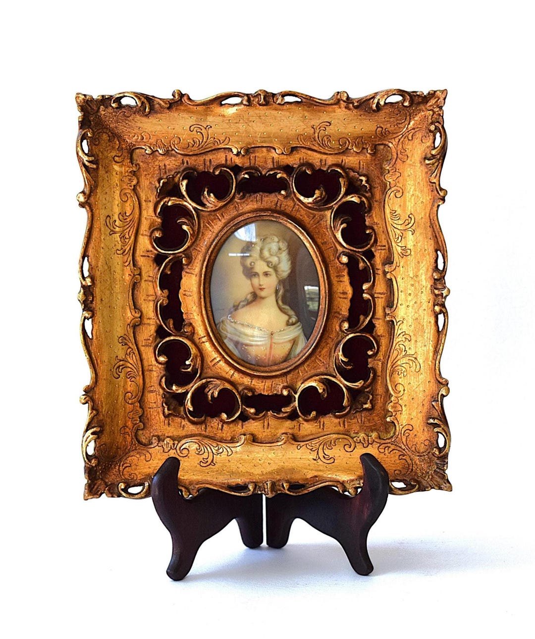 Mid Century Ornately Framed Hand Painted Miniature Portrait of an 18th ...
