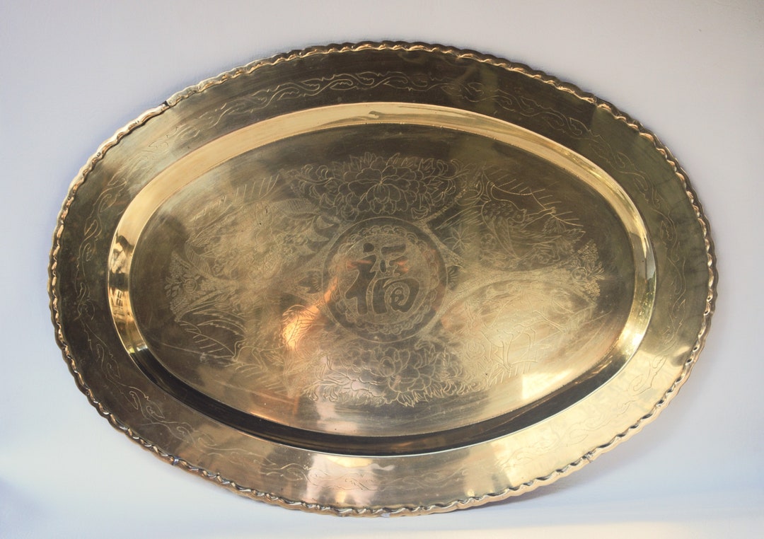 Mid Century Handmade Chinese Fu Symbol Oval Brass Tray With Auspicious ...