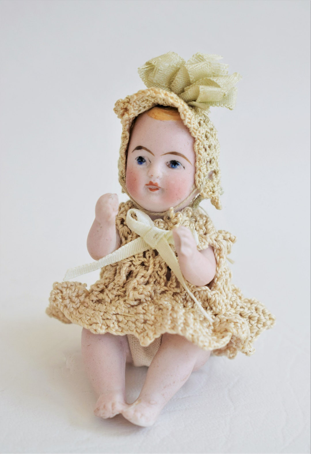 Vintage German Miniature Bisque Baby Boy With Crocheted Silk Costume ...