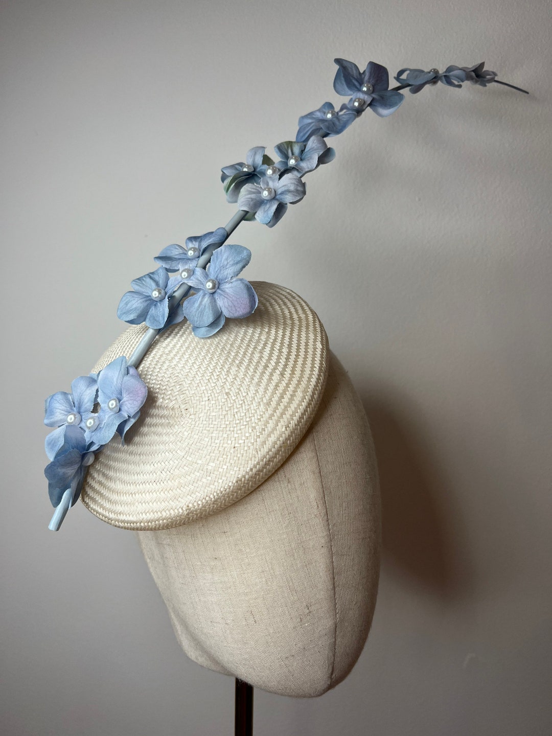 Cream Buntal Fascinator, Blue Quil, Hydrangeas & Pearls. Statement ...