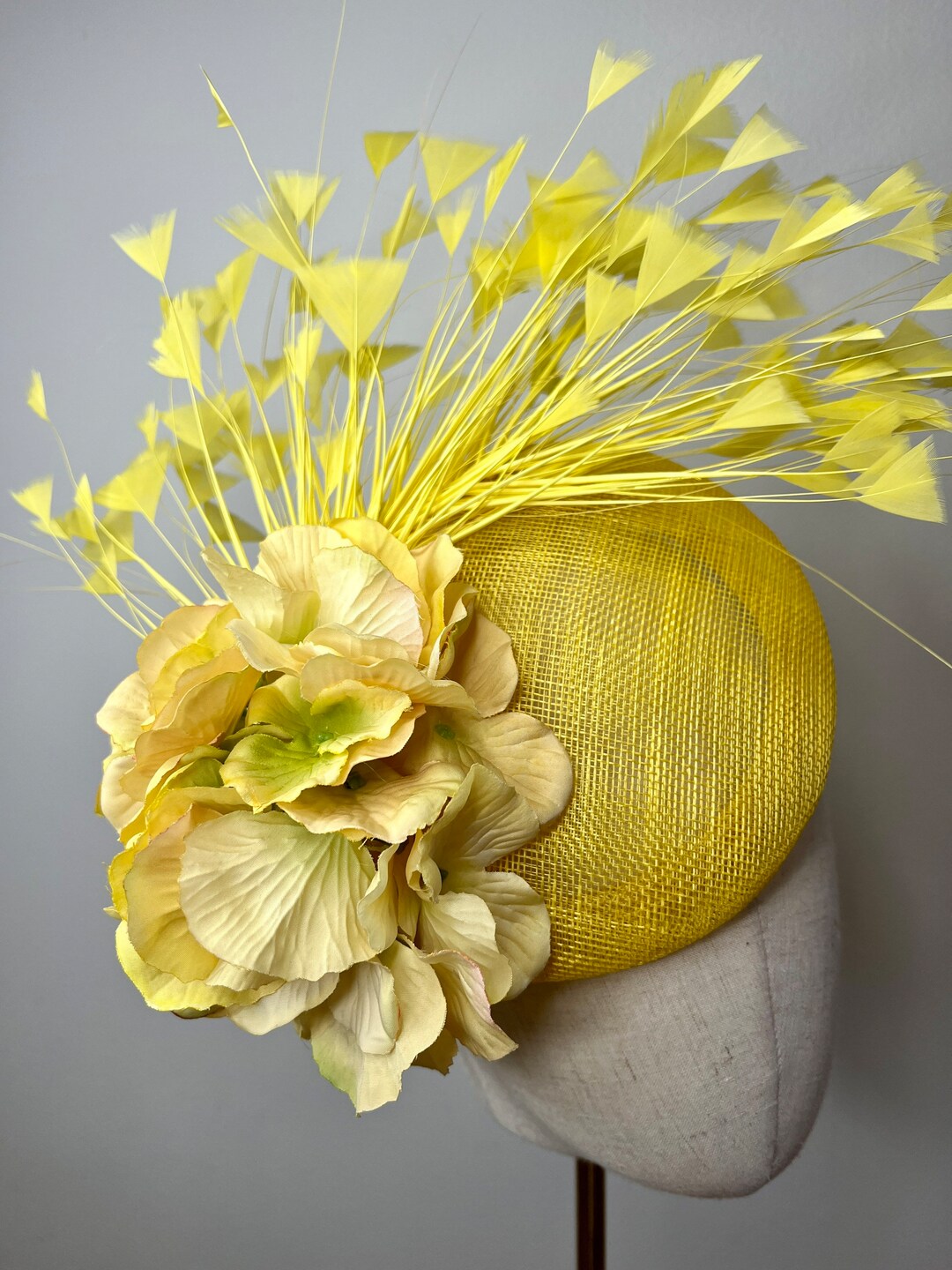 Feather & Hydrangea Yellow Sinamay Fascinator, Statement Fascinator ...
