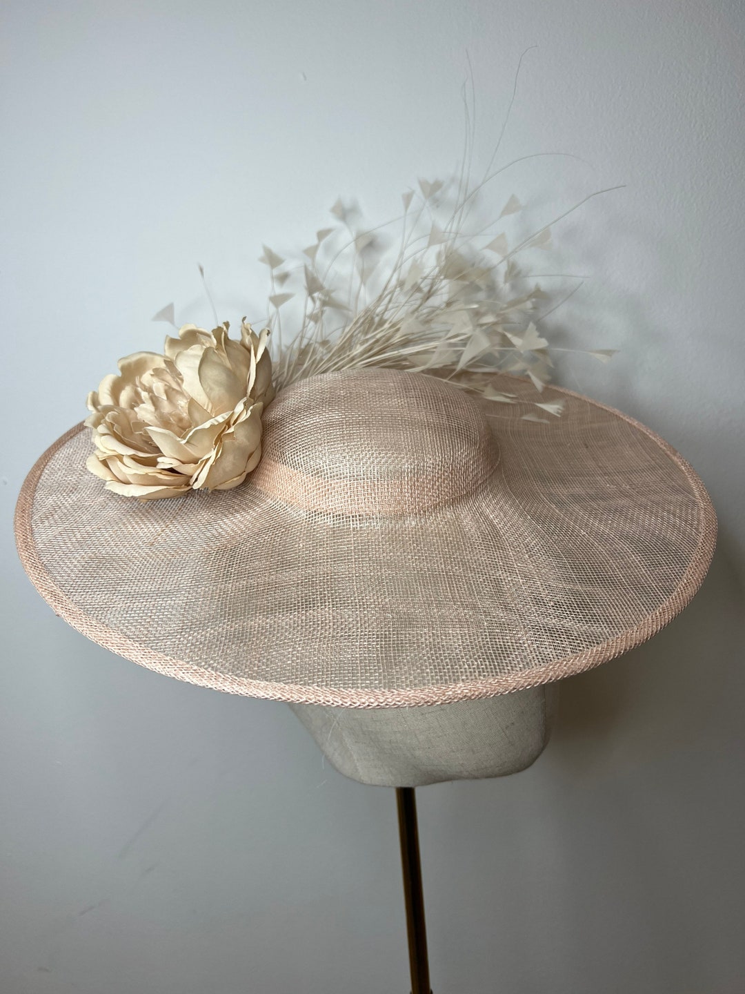 Beige Sinamay Fascinator, Feathers & Beige Coloured Peony, Statement ...