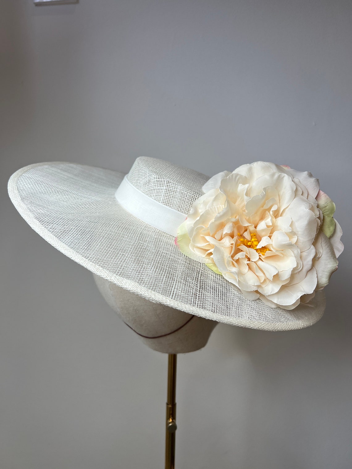 Stunning Ivory Sinamay Boater With Peony Flowers & Beautiful Ivory ...